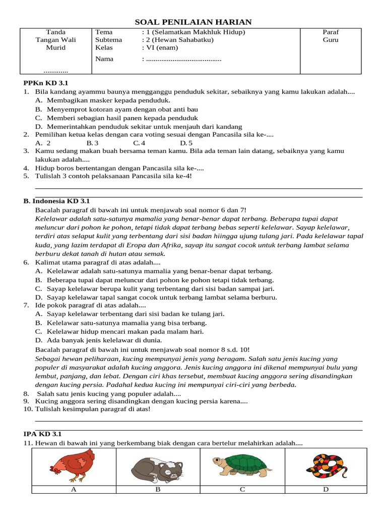Soal Penilaian Harian Kelas 6 Tema 1 Subtema 2 | PDF