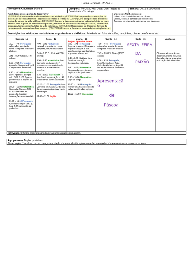 Rotina Semanal 11a 15 Abril 2022 | PDF