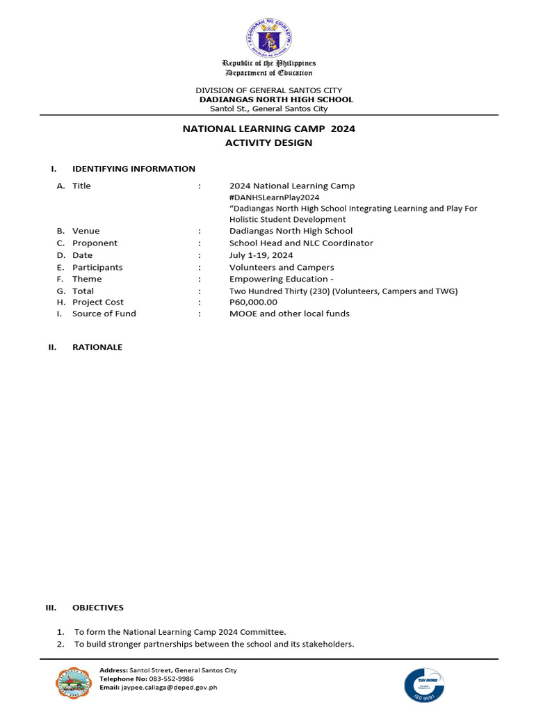 DNHS Activity Design for NLC 2024 | PDF