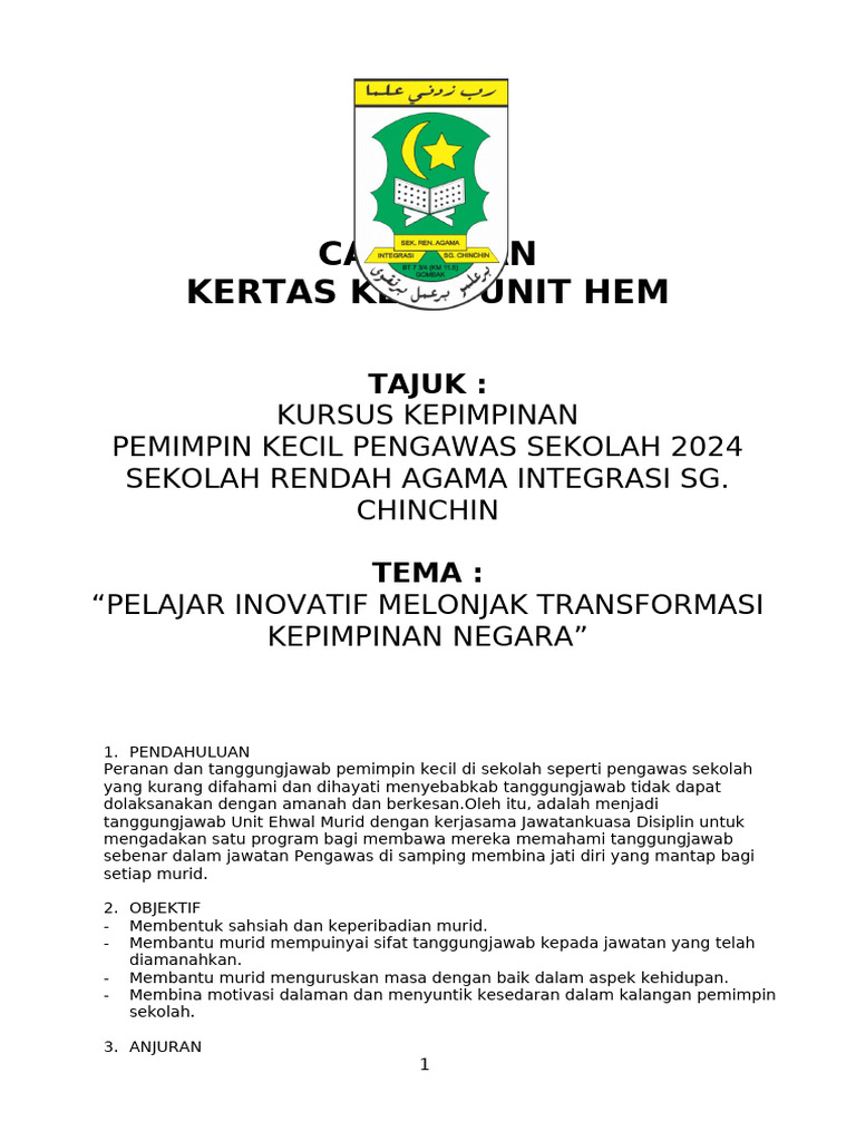 Kertas Kerja Kem Kepimpinan Pengawas 2024 | PDF