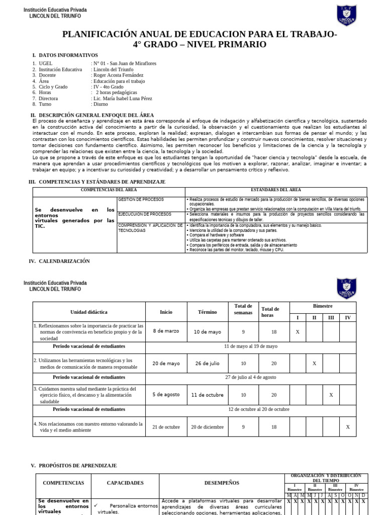 Planificación Curricular Ept Lincoln Del Triunfo - 2024-4to Primaria | PDF | Evaluación ...