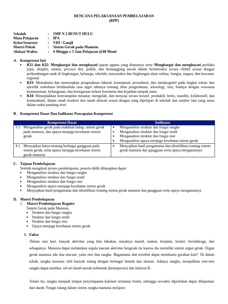 12. Rpp 1-Sistem Gerak Manusia Kls 8 | PDF
