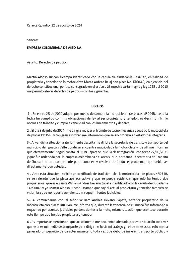 derecho de petición y anexos martin rincon (1) | PDF