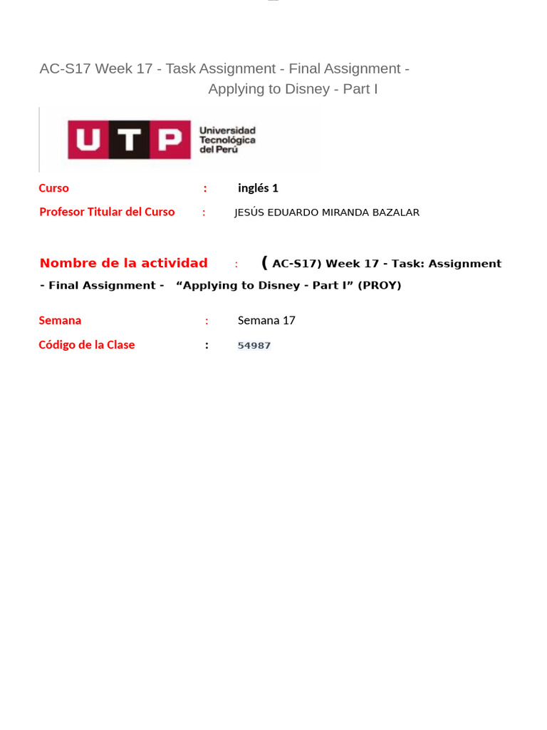 Ac s17 Week 17 Task Assignment Final Assignment Applying To Disney Part I | PDF