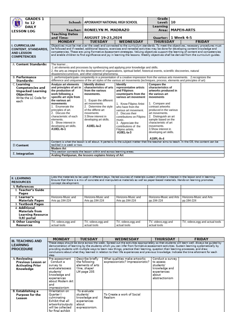 DLL Matatag Mapeh 10 Arts q1 | PDF