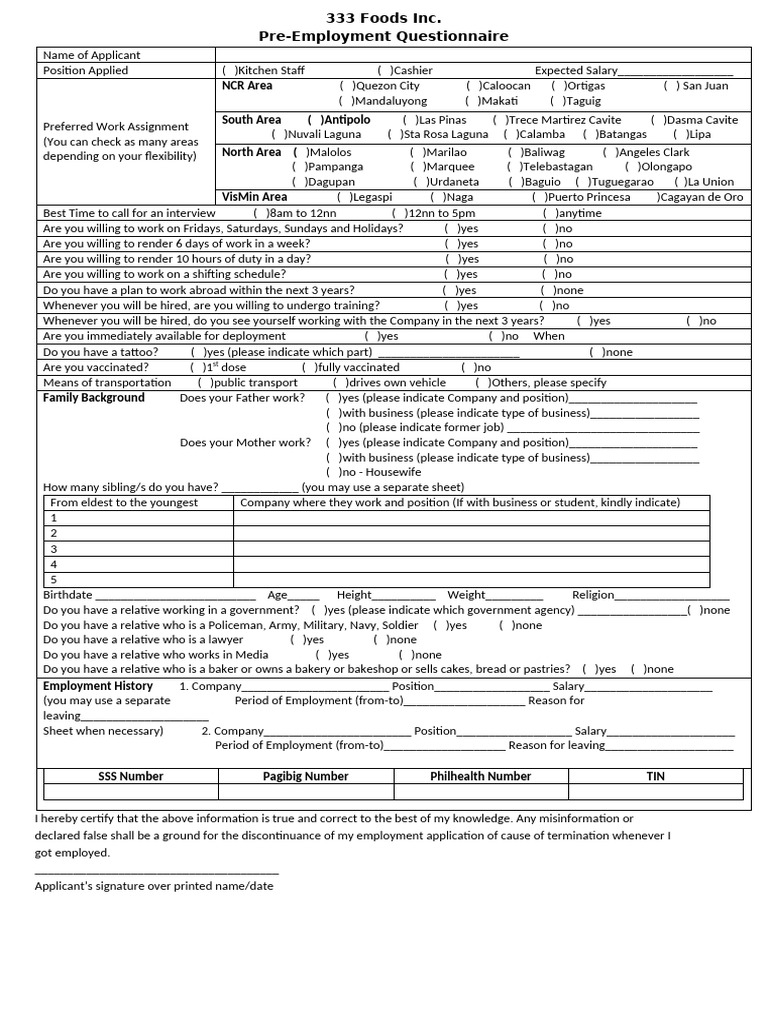 Pre Employment Questionnaire BT | PDF