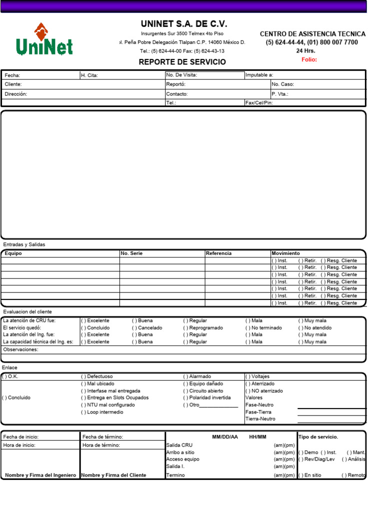 Reporte de Servicio Uninet en Blanco | PDF