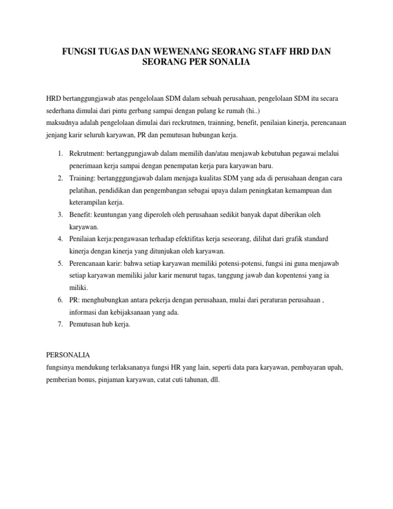 Tugas dan Wewenang Staff HRD | PDF | Karier & Perkembangan