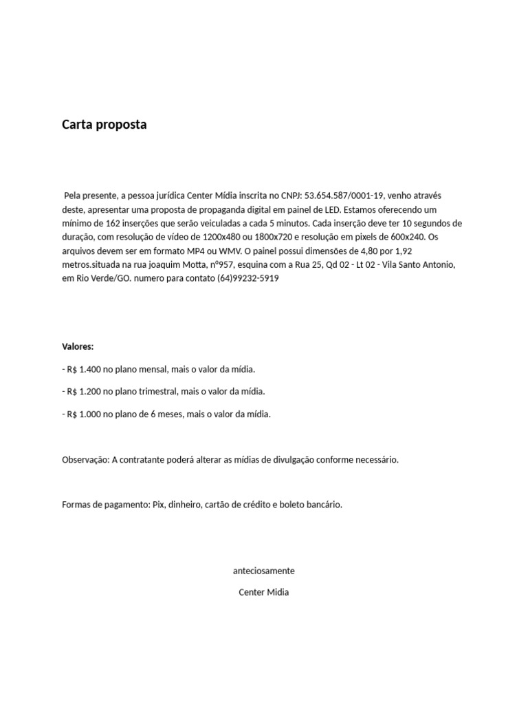 Carta Proposta Center Midia | PDF