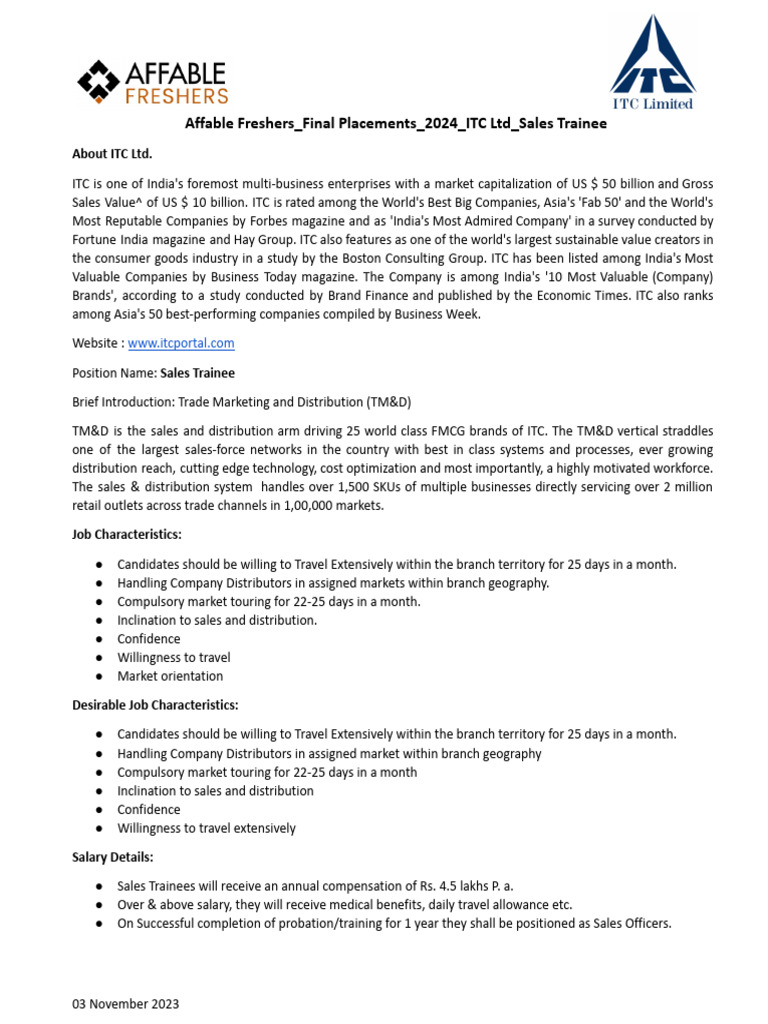 Affable Freshers - Final Placements - 2024 - ITC LTD - Sales Trainee | PDF