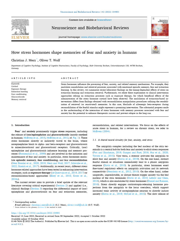 How Stress Hormones Shape Memories of Fear and Anxiety in Humans | PDF
