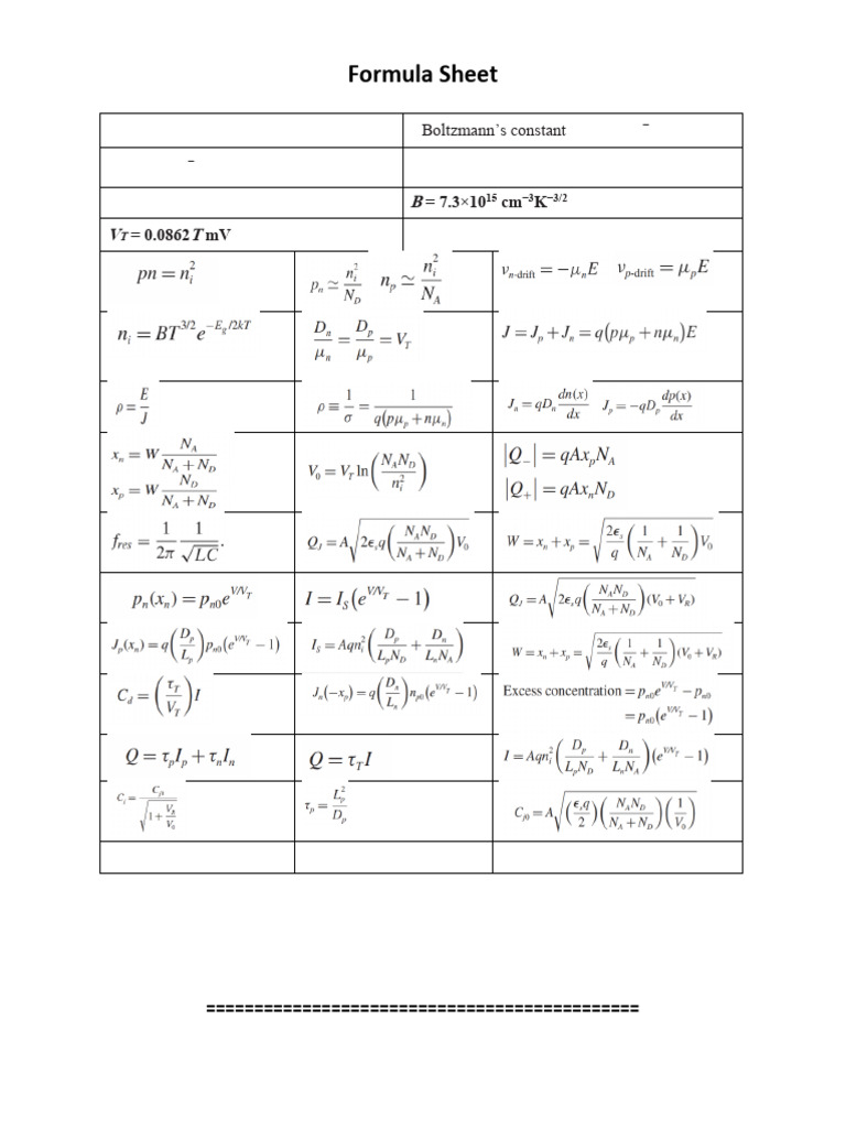 MSE EE215 Formula Sheet | PDF