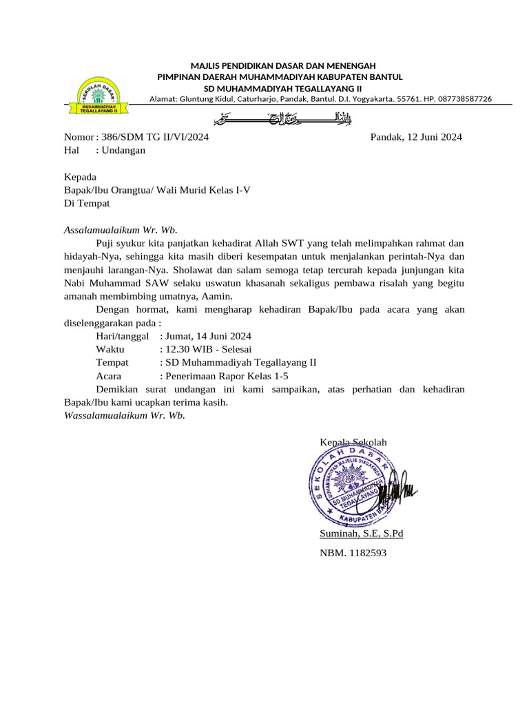 Undangan Rapat Wali Kelas 6 | PDF