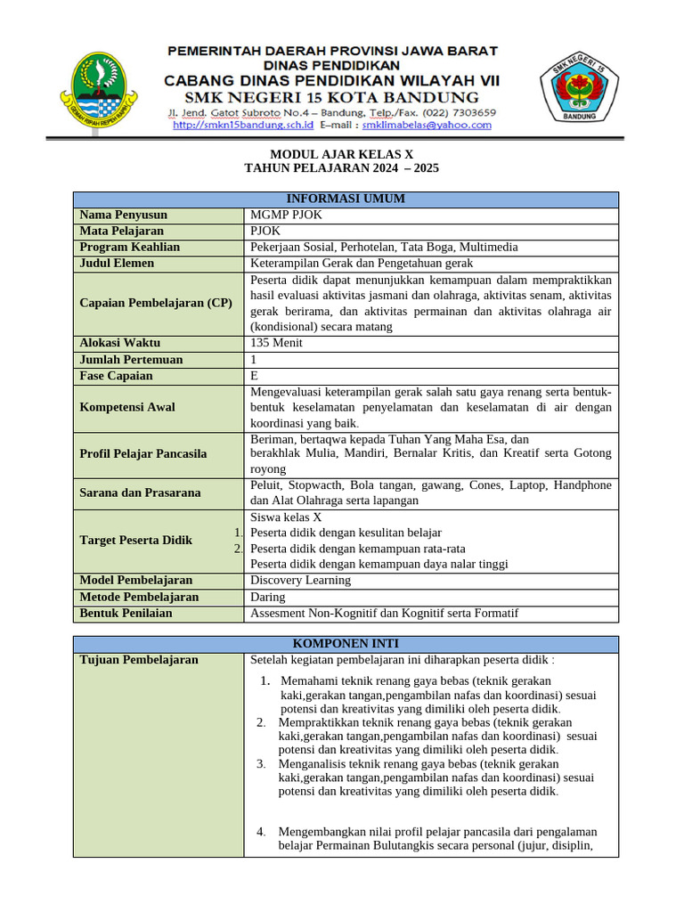 Akuatik Renang Modul Ajar Pjok X | PDF