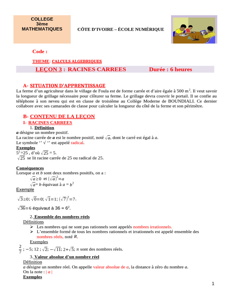 3e - Maths-03 Racines Carrees | PDF