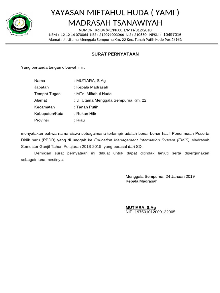 Contoh Surat Pernyataan PPDB EMIS 2019 | PDF