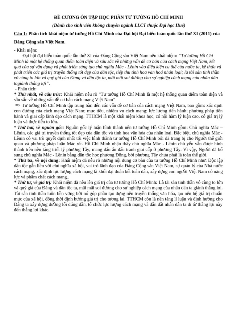 ĐỀ CƯƠNG ÔN TẬP HỌC PHẦN TTHCM KC1 | PDF