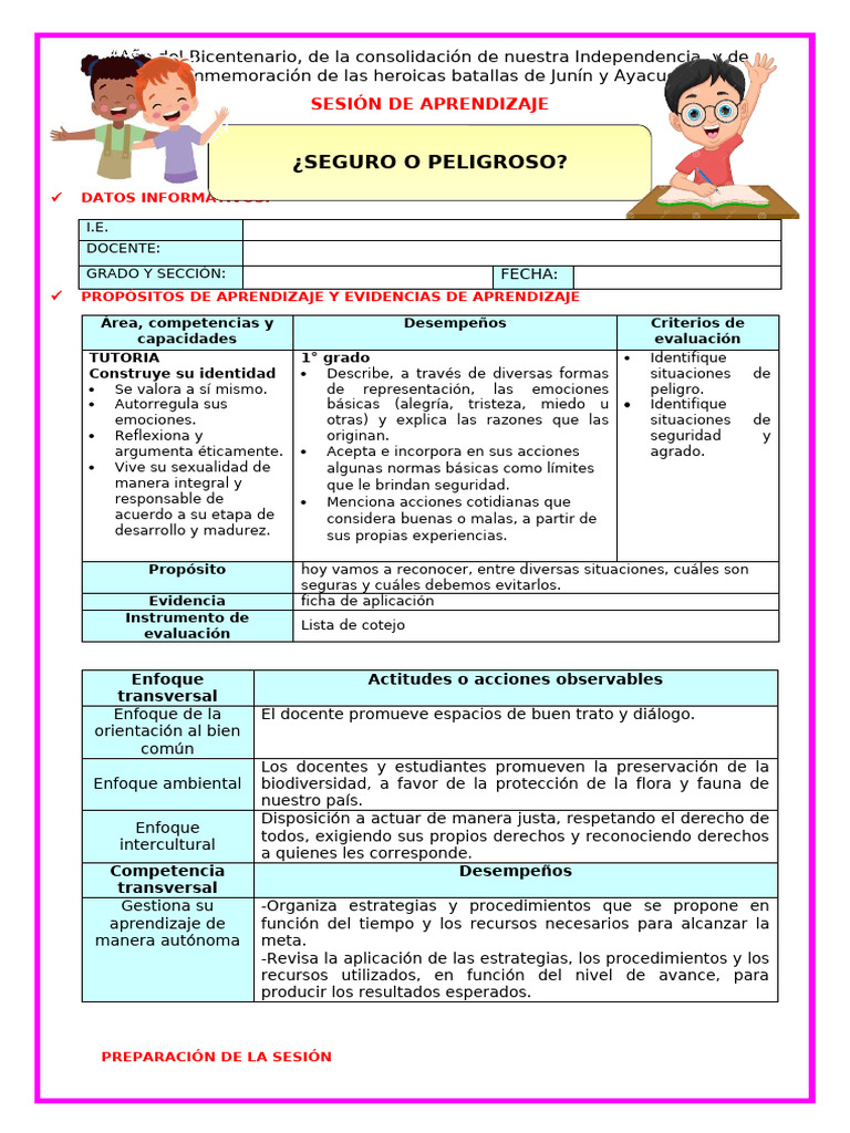 1º U6 S1 Sesion D5 Tutoria Seguro o Peligroso 998591174 | PDF ...