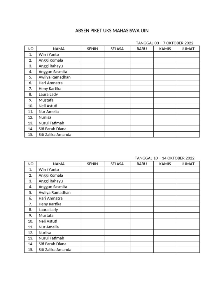 Absen Piket Uks Mahasiswa Uin | PDF