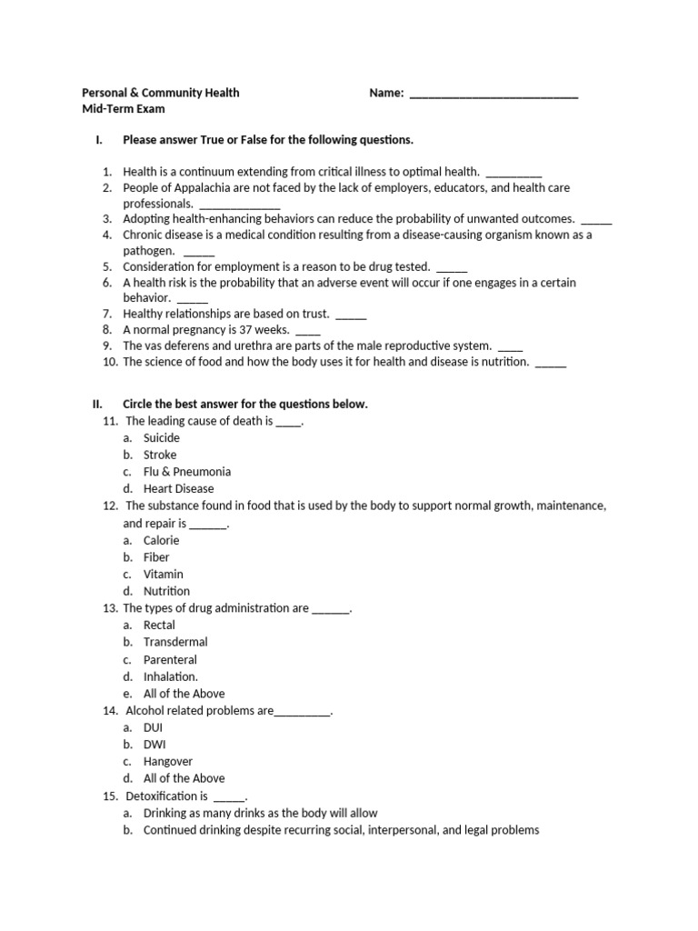 Personal & Community Health Mid-Term Exam - Fall 2023 | PDF