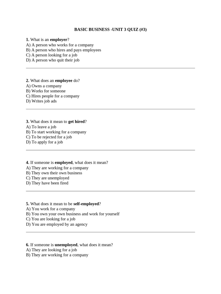 Basic Business - Unit 3 Quiz (#2) | PDF | Recruitment | Employment Agency