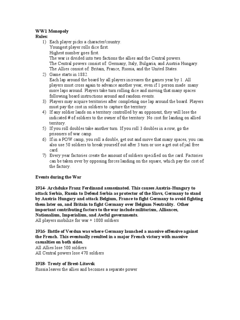 WW1 Monopoly | PDF | Allies Of World War I | Central Powers