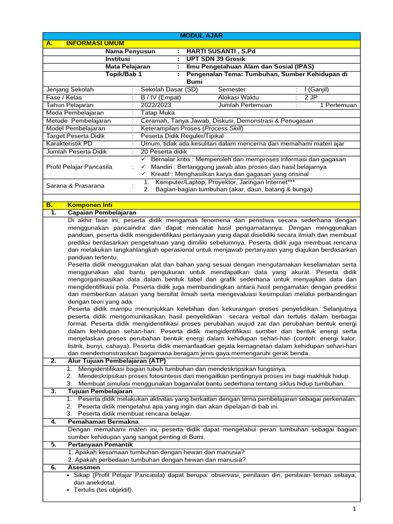RPP Ipas Kls IV Sms 1 | PDF