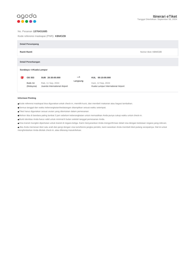 Booking ID 1376431685 ETicket | PDF