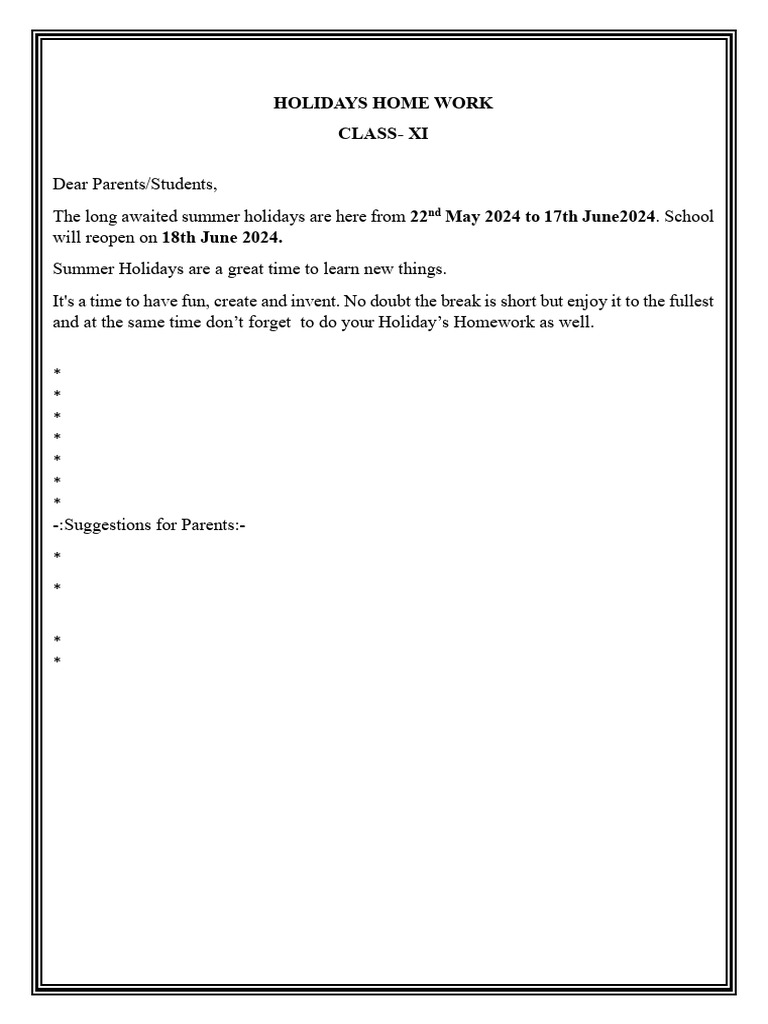 Xi Holiday Homework (2024-25) - 1 | PDF