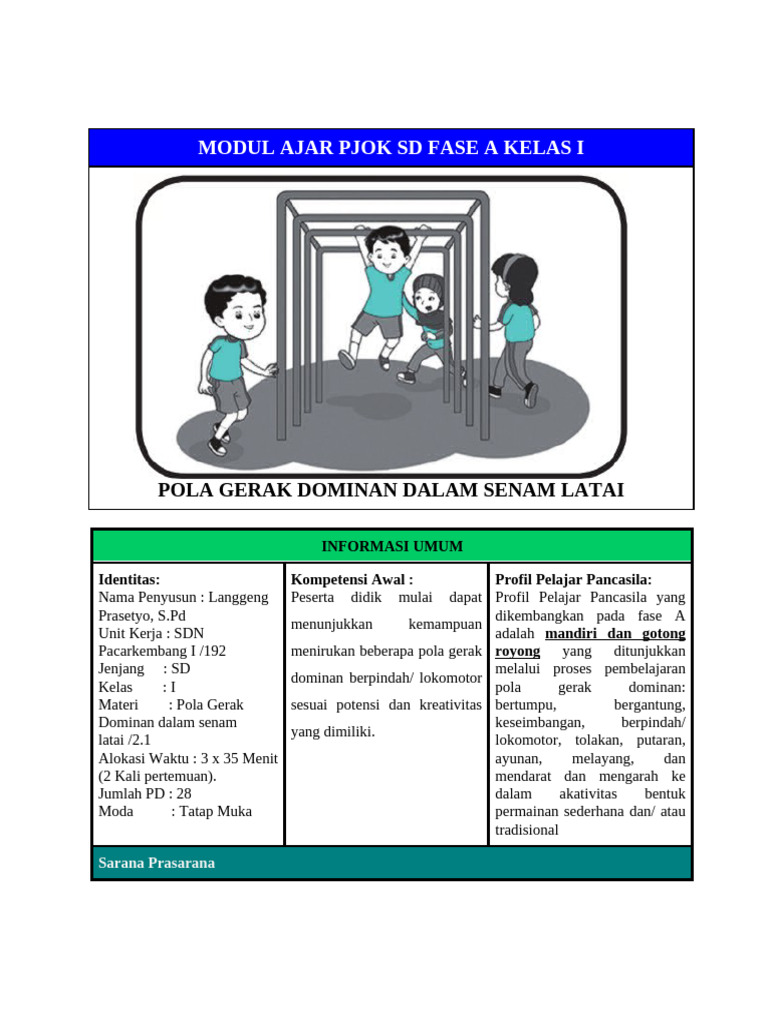Modul Ajar PJOK KUMER 04 POLA GERAK DOMINAN DALAM SENAM LANTAI KELAS 1 SEM 1 | PDF