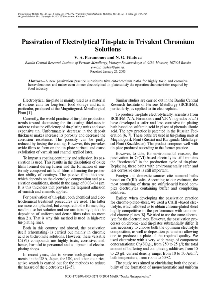 Passivation of Electrolytical Tin-Plate in Trivalent Chromium Solutions ...