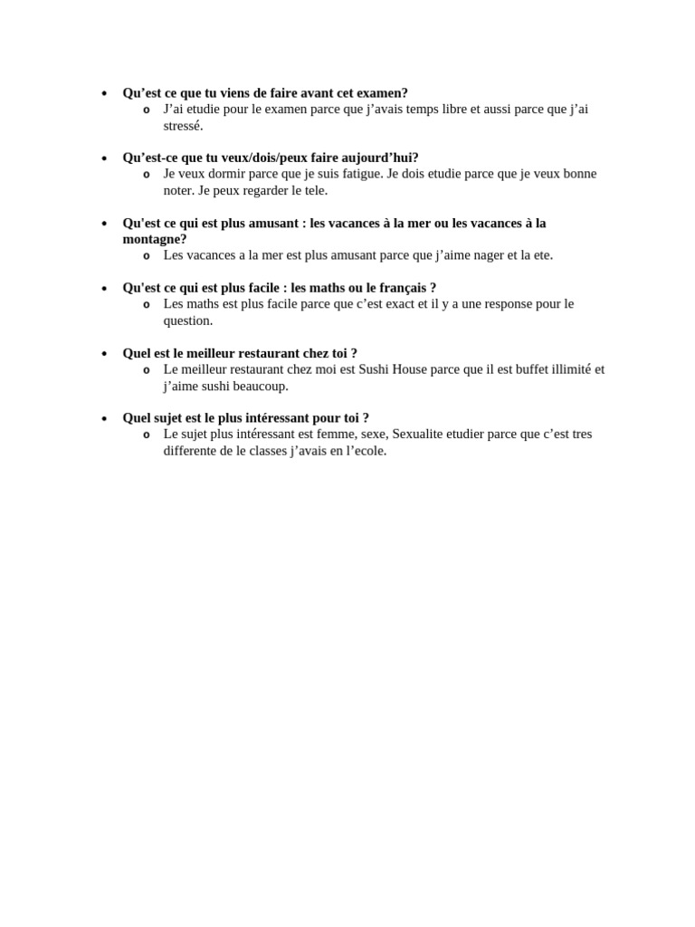 French Oral Exam 1 | PDF