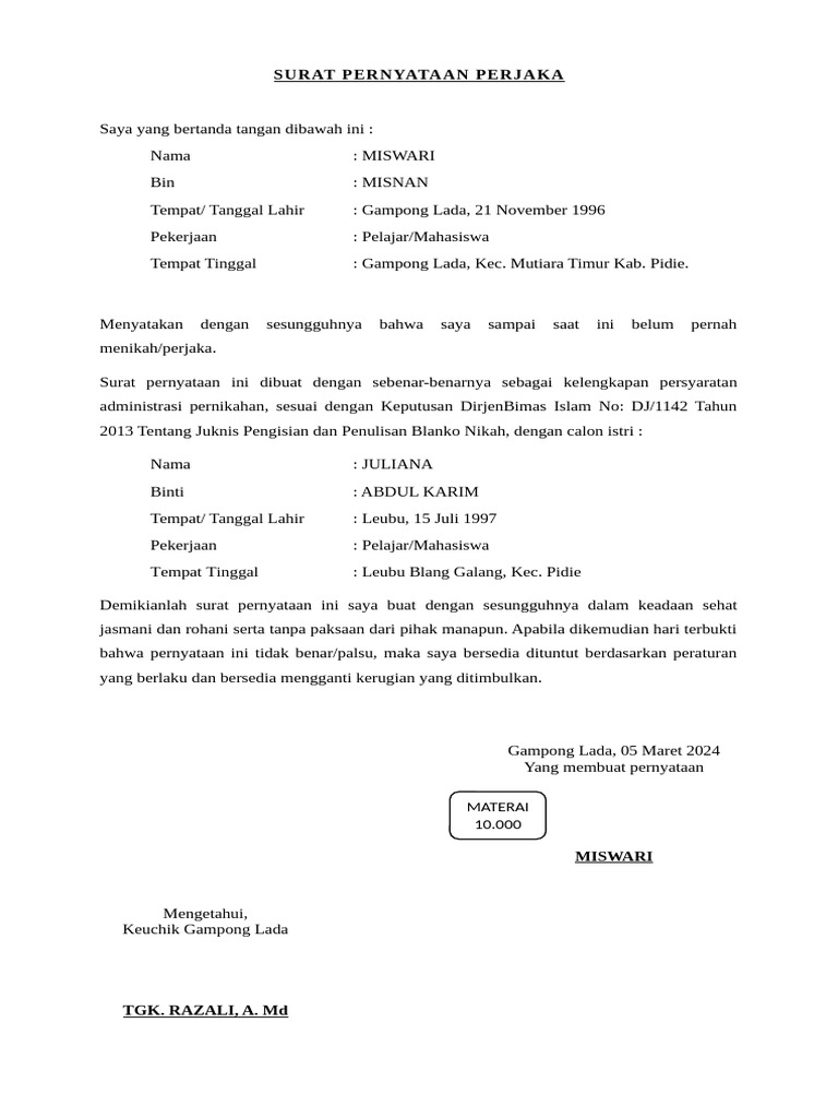 Surat Pernyataan Perjaka | PDF