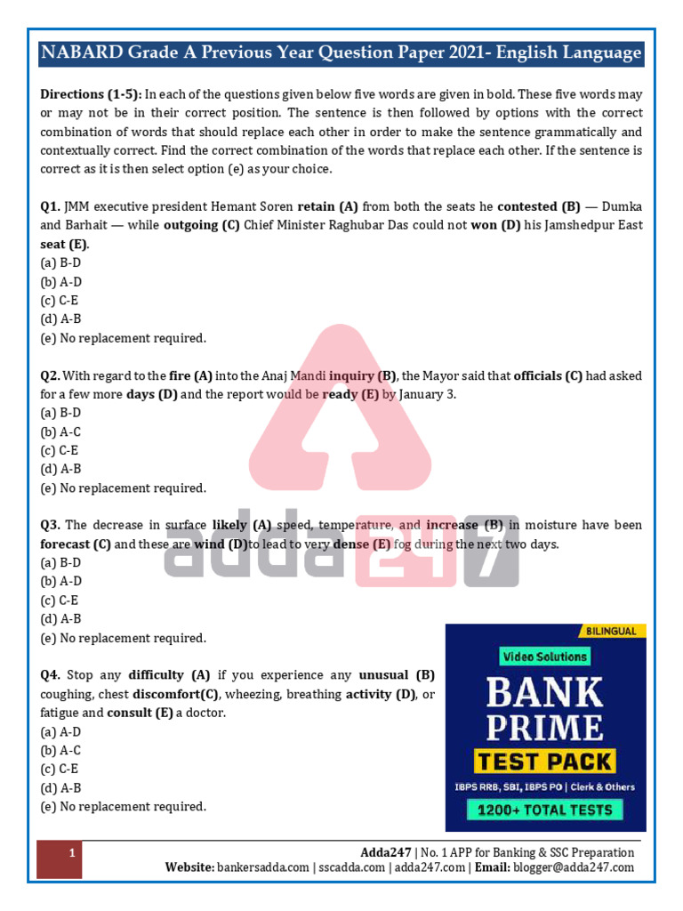 NABARD Grade A Previous Year Question Paper 2021 English Language | PDF