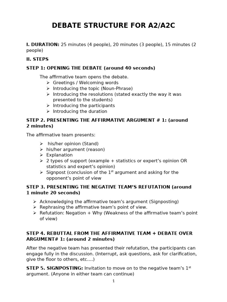 DEBATE STRUCTURE For A2 and A2C Teachers | PDF
