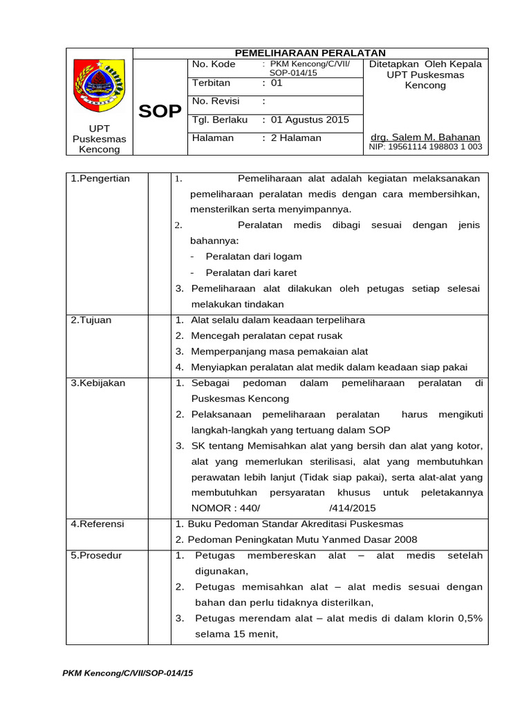 SOP Pemeliharaan Peralatan | PDF