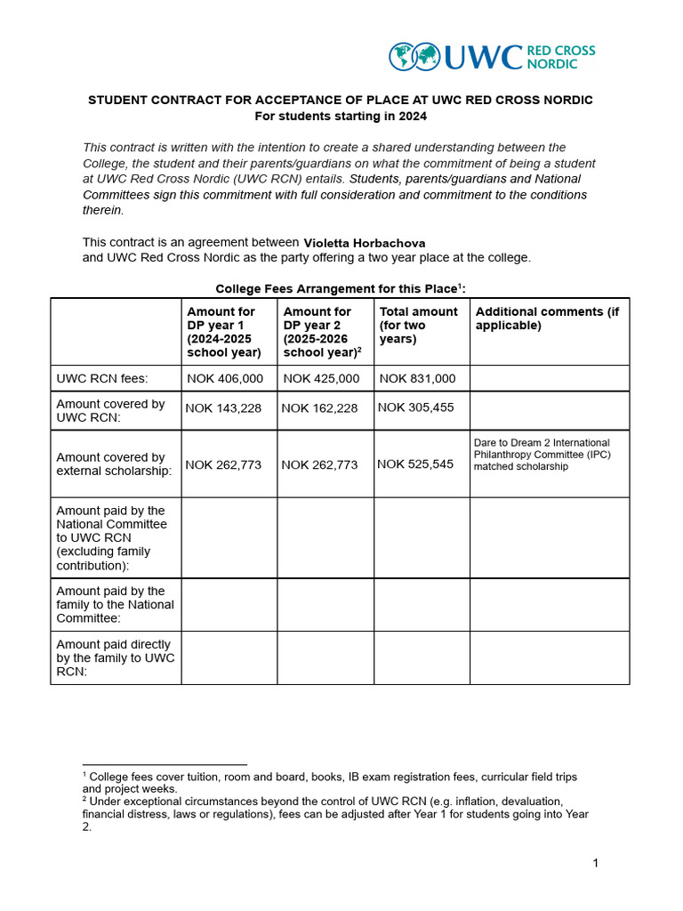 Violetta Horbachova - UWC RCN Student Contract (Entry 2024) | PDF