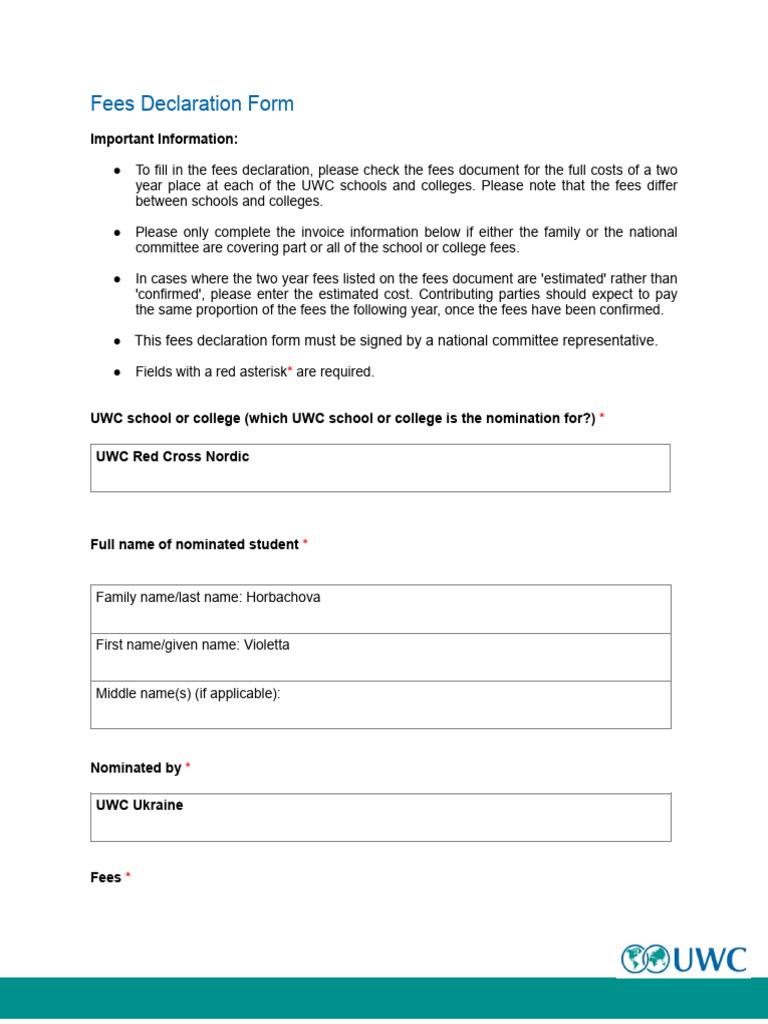 Violetta Horbachova - Fees Declaration Form | PDF