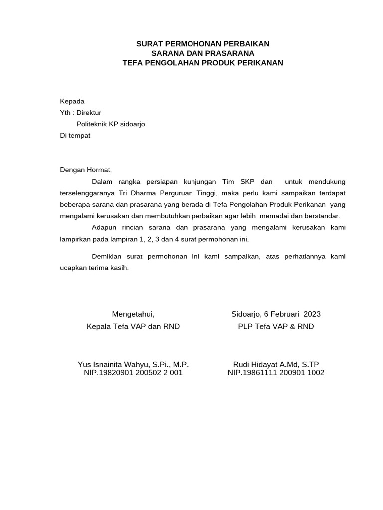 Surat Permohonan Perbaikan Sarana | PDF