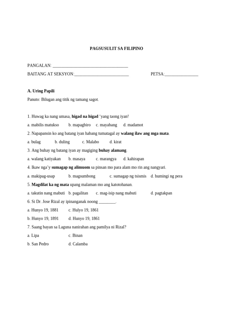 Pagsusulit Sa Filipino | PDF