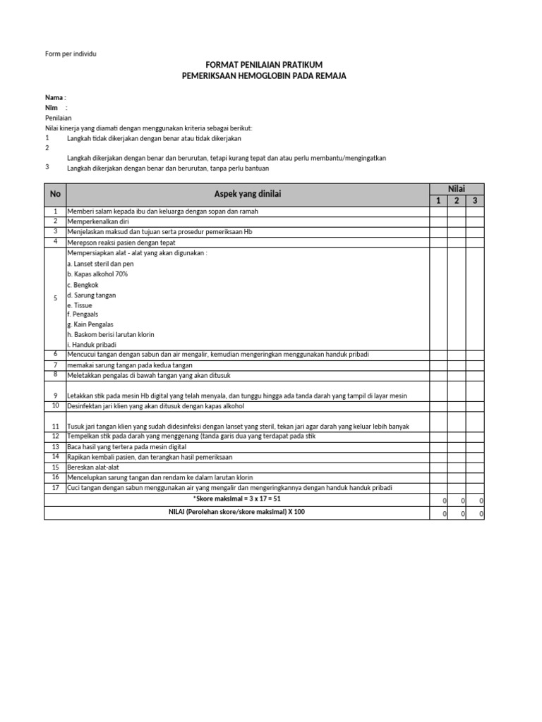 Daftar Tilik Osce Semester I | PDF