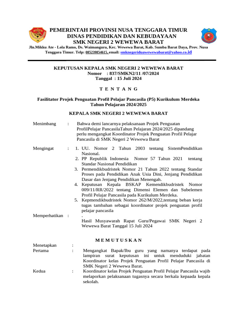 SK KOORDINATOR P5. TP. 2024 - 2025 Revisi | PDF