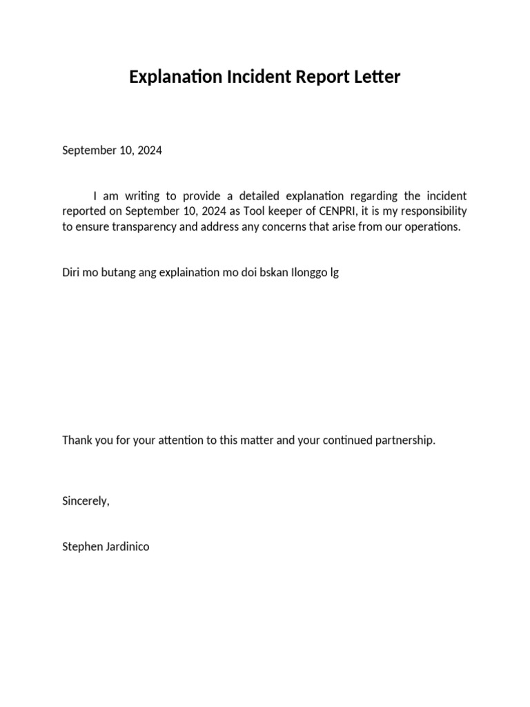 Explanation Incident Report Letter | PDF Explanation Incident Report Letter | PDF
