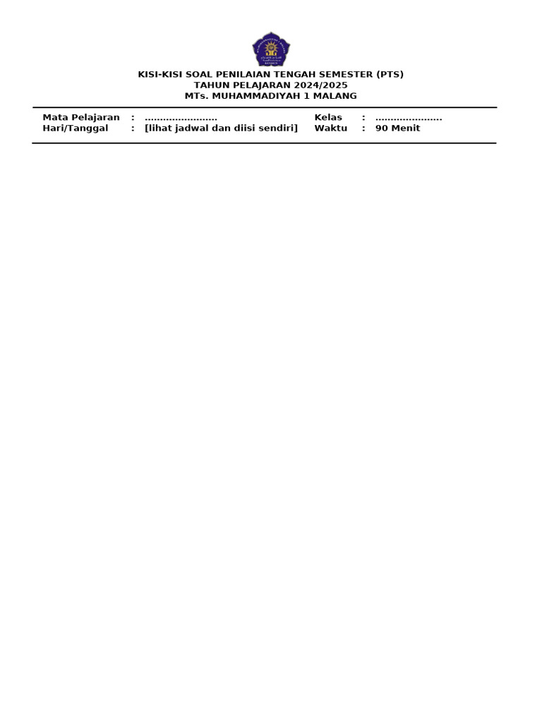 Kop Kisi-Kisi Soal PTS | PDF