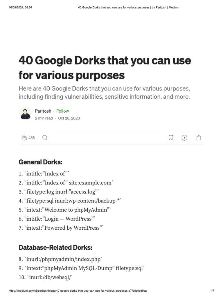 40 Google Dorks That You Can Use For Various Purposes - by Paritosh - Medium | PDF