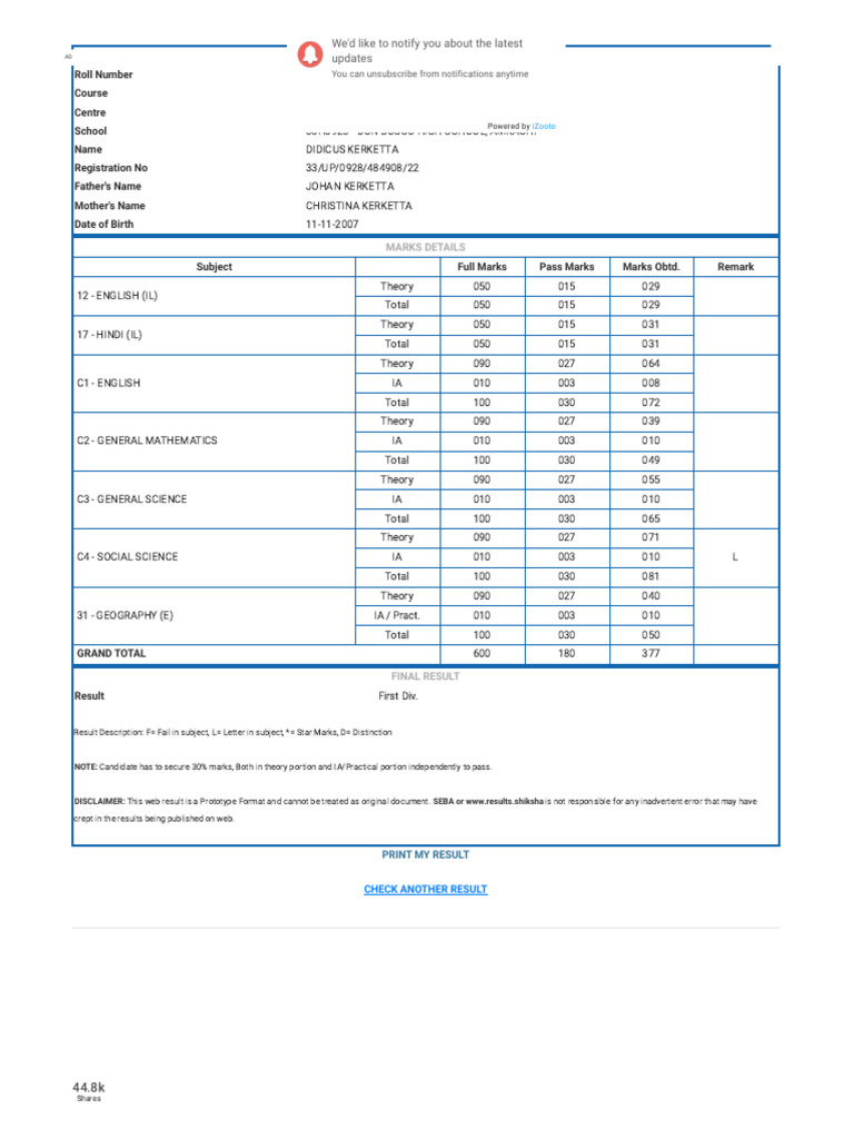 YOUR MARKSHEET - SEBA Results 2024 | PDF