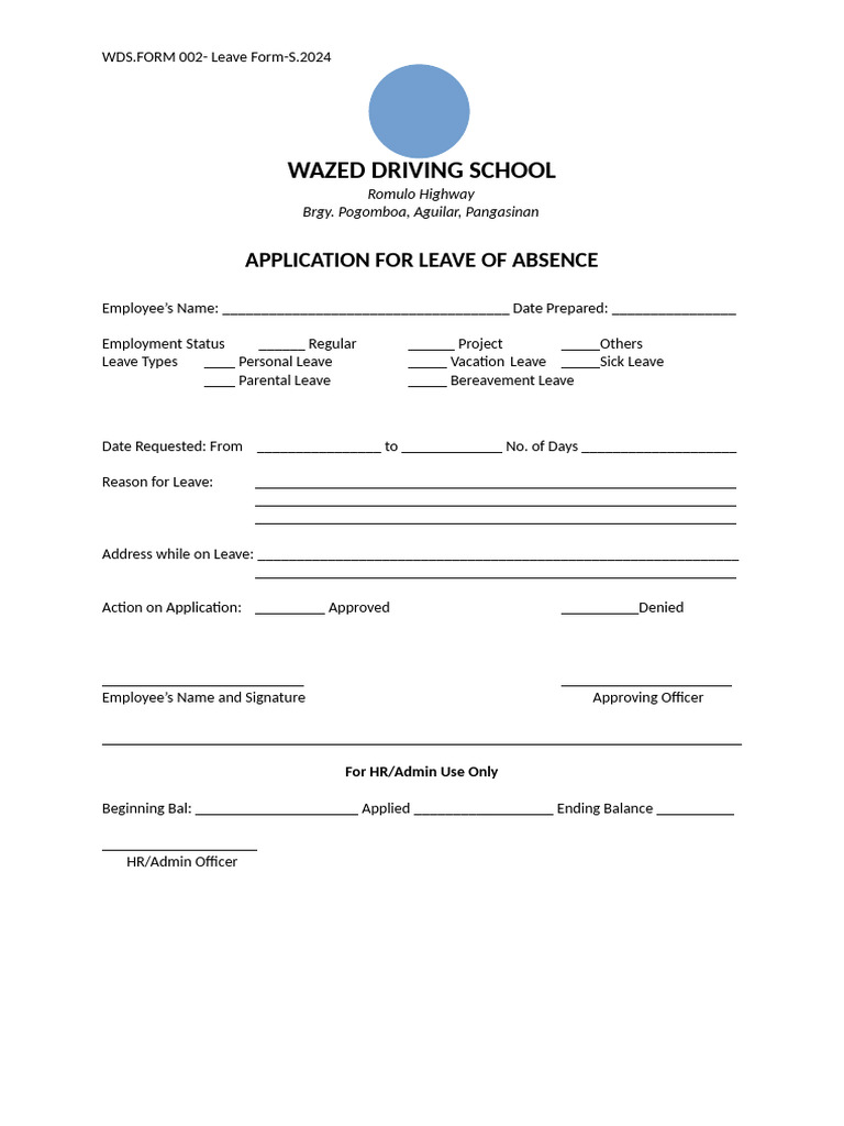 WAZED DRIVING SCHOOL LEAVE FORM | PDF