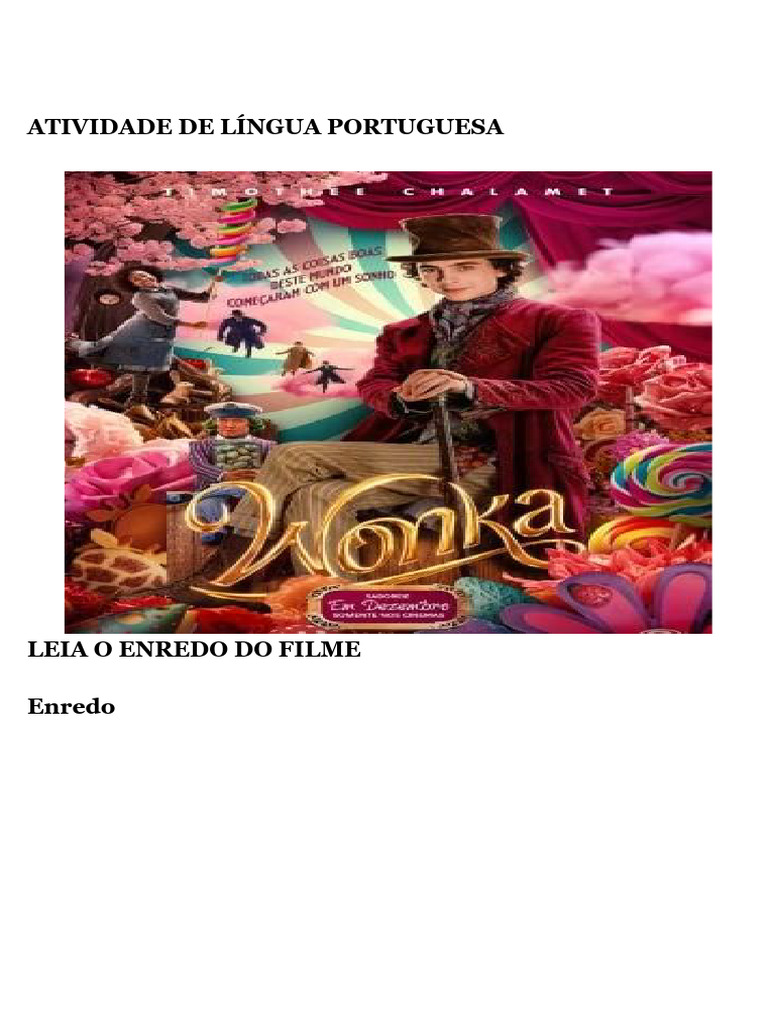 Filme Wonka Atividade de Língua Portuguesa | PDF