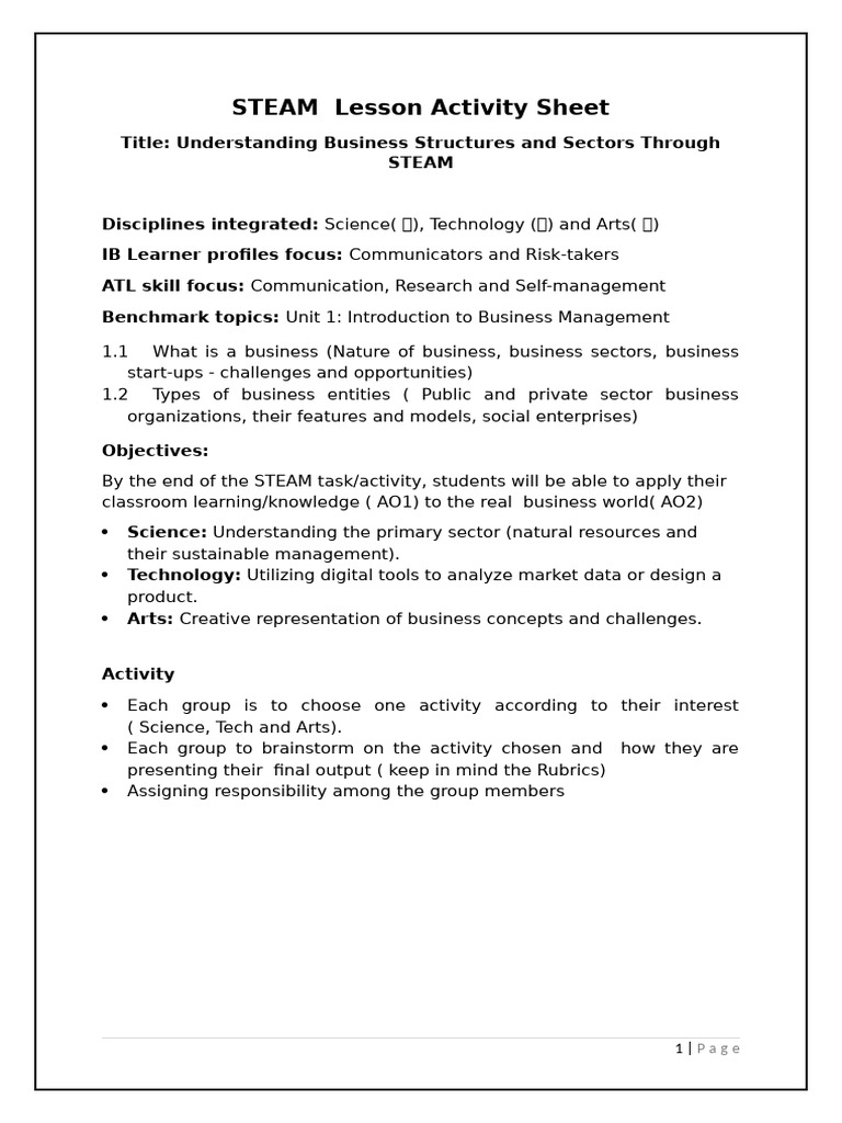 STEAM Lesson Activity Sheet: Title: Understanding Business Structures ...