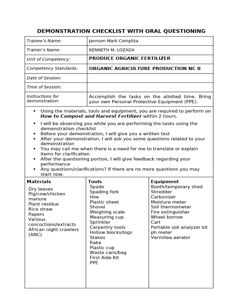 Demo Checklist With Oral Questioning | PDF | Compost | Wellness